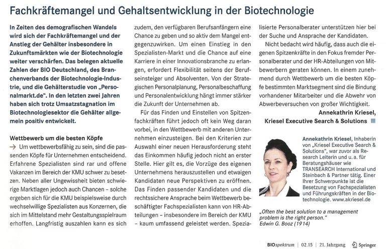 Gastbeitrag BIOspektrum 2.15 – KRIESEL Executive Search & Solutions